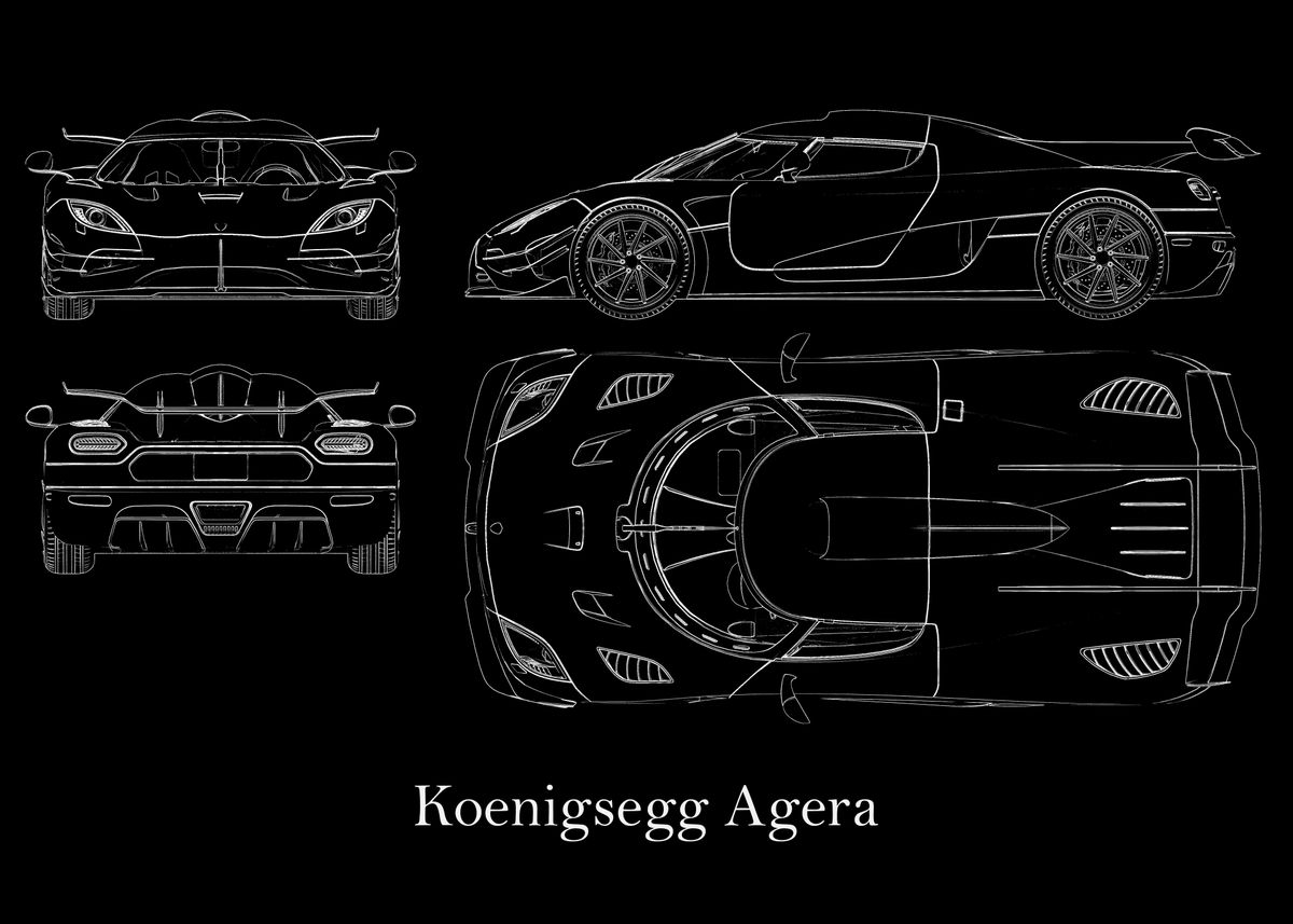 'Koenigsegg Agera Blueprint' Poster by B & W Arts | Displate