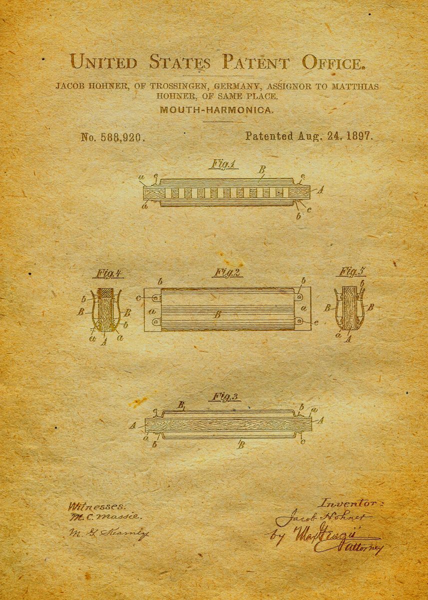 '37 Hohner Harmonica Paten' Poster, picture, metal print, paint by ...