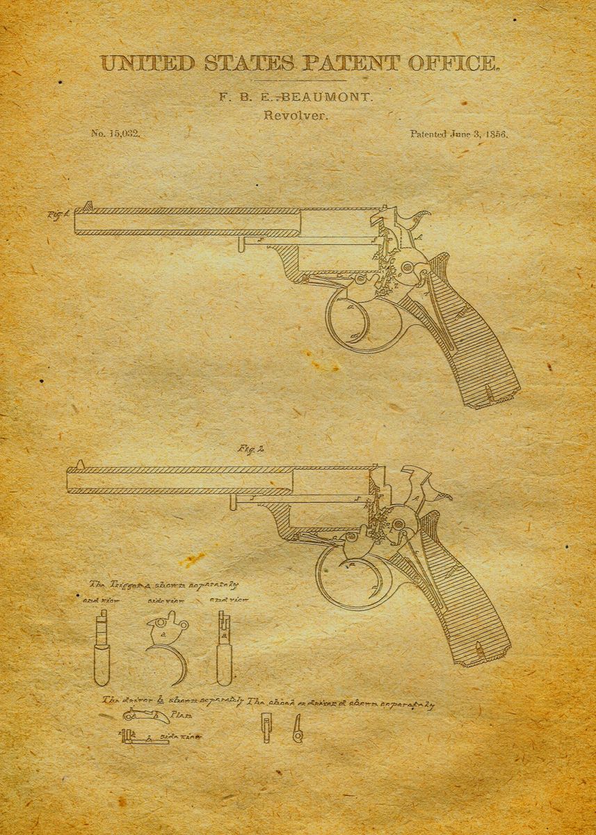'31 1856 Revolver Patent' Poster, picture, metal print, paint by Dusty ...