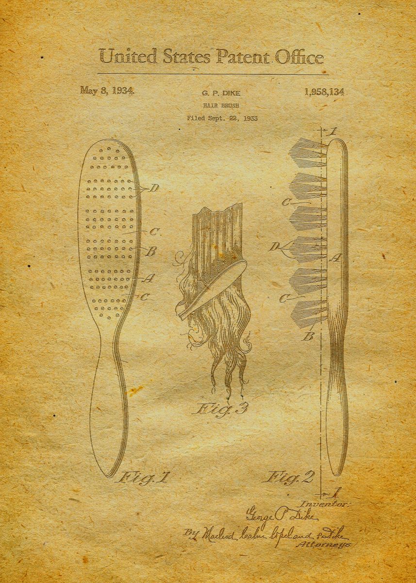 '36 Hair Brush Patent' Poster, picture, metal print, paint by Kaleigh ...