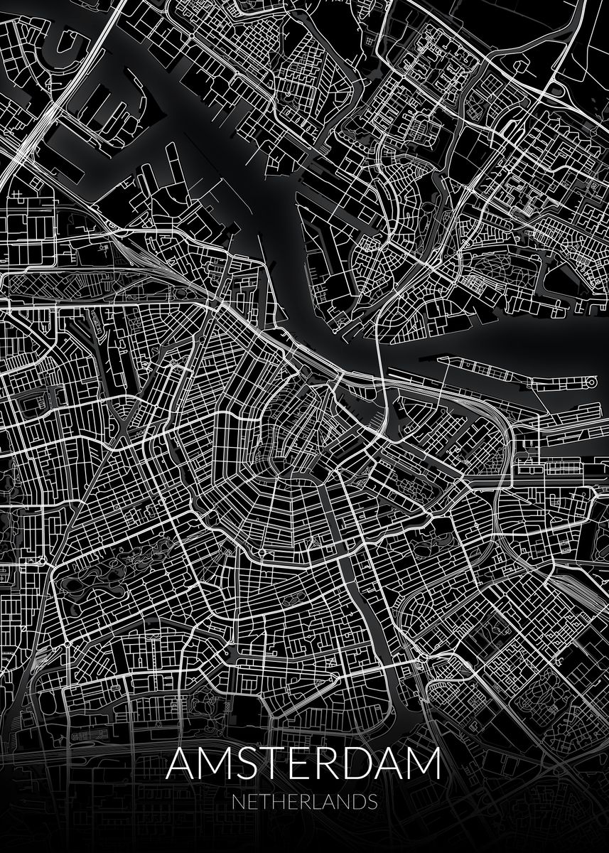 'Amsterdam Map Black' Poster, picture, metal print, paint by dkDesign ...