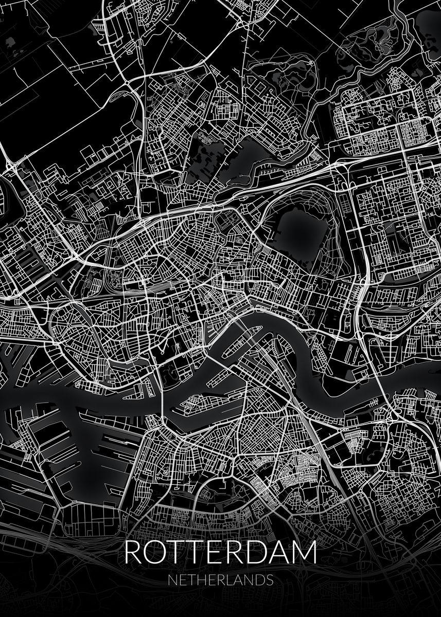 'Rotterdam Map Black' Poster, picture, metal print, paint by dkDesign ...