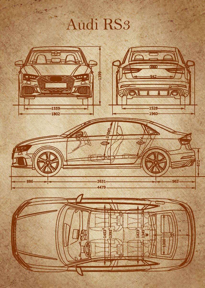 'Audi RS3 2017 Blueprint ' Poster, picture, metal print, paint by ...