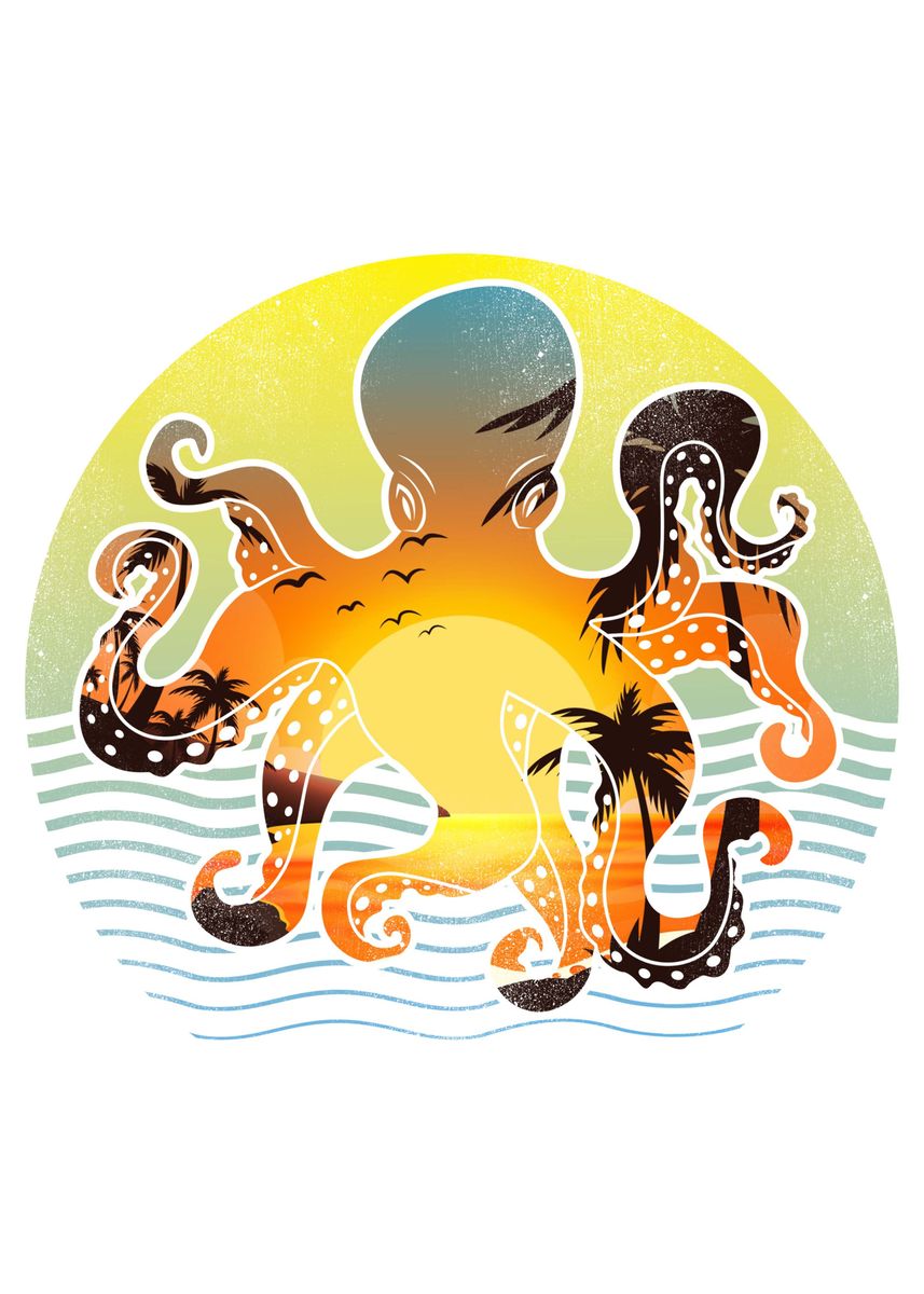 'Octopus waves sunset ' Poster, picture, metal print, paint by jun ...