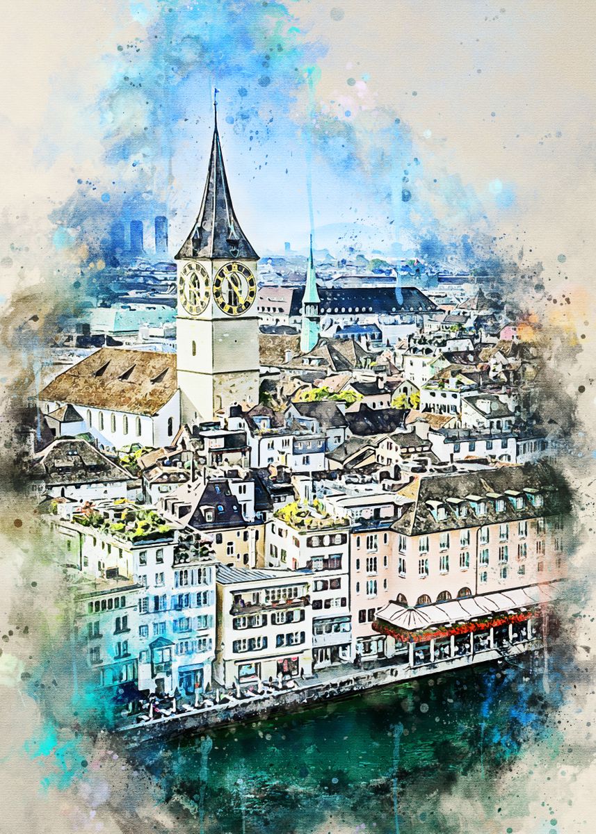 'Zurich in Watercolor' Poster, picture, metal print, paint by ...