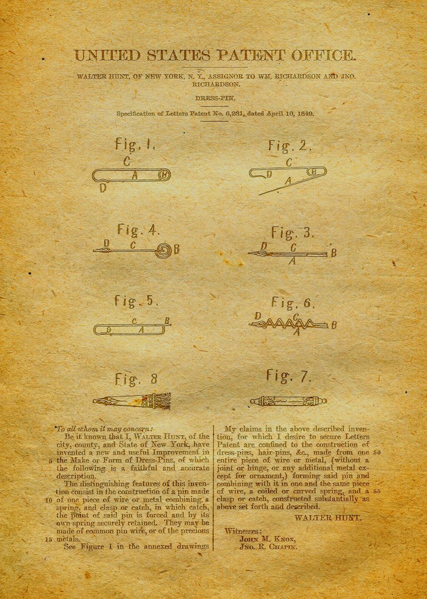 '68 Safety Pin Patent 1849' Poster, picture, metal print, paint by ...