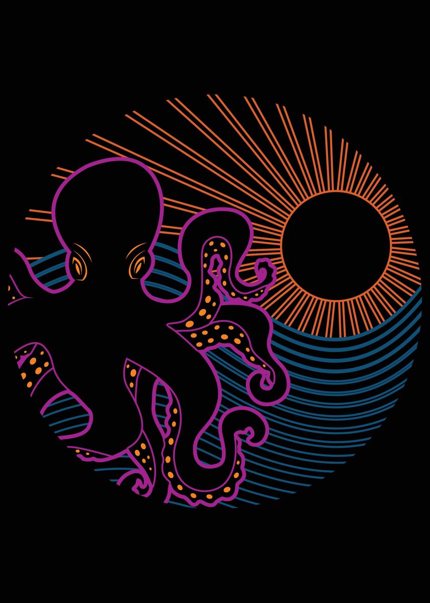 'Octopus sunset lines ' Poster, picture, metal print, paint by jun ...