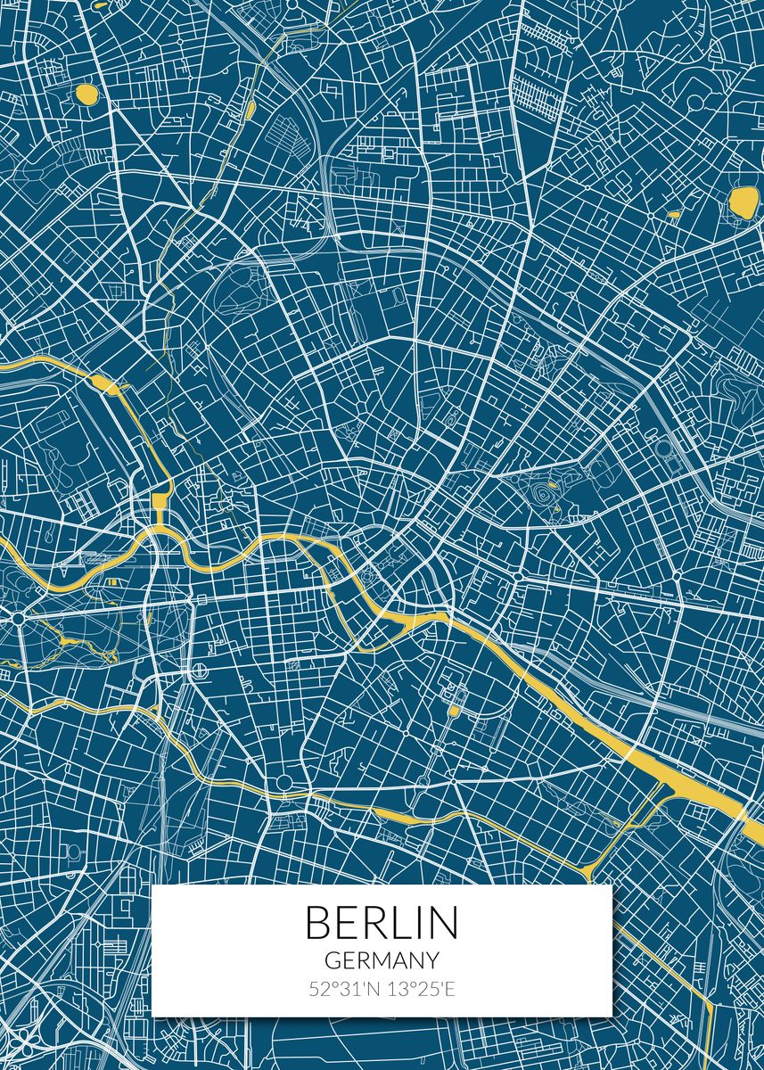 'Berlin Map Blue White' Poster, picture, metal print, paint by dkDesign ...