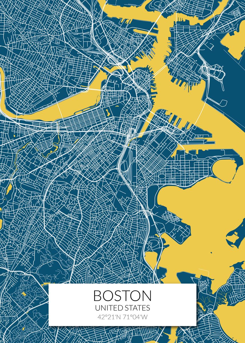 'Boston Map Blue Yellow' Poster, picture, metal print, paint by ...