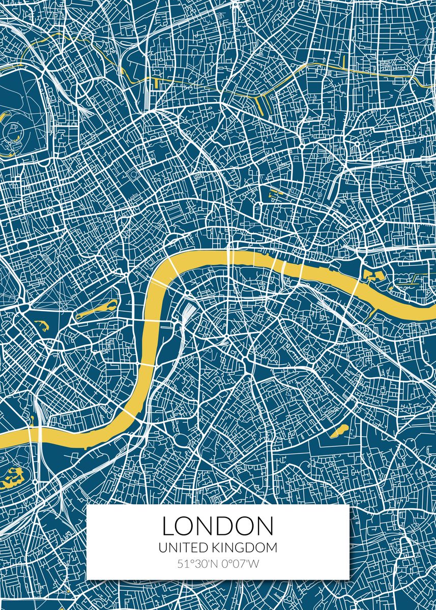 'London Map Blue Yellow' Poster, picture, metal print, paint by ...