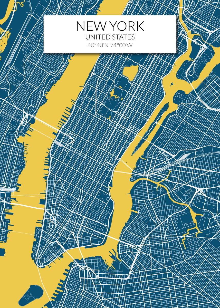 'New York Map Blue Yellow' Poster, picture, metal print, paint by ...