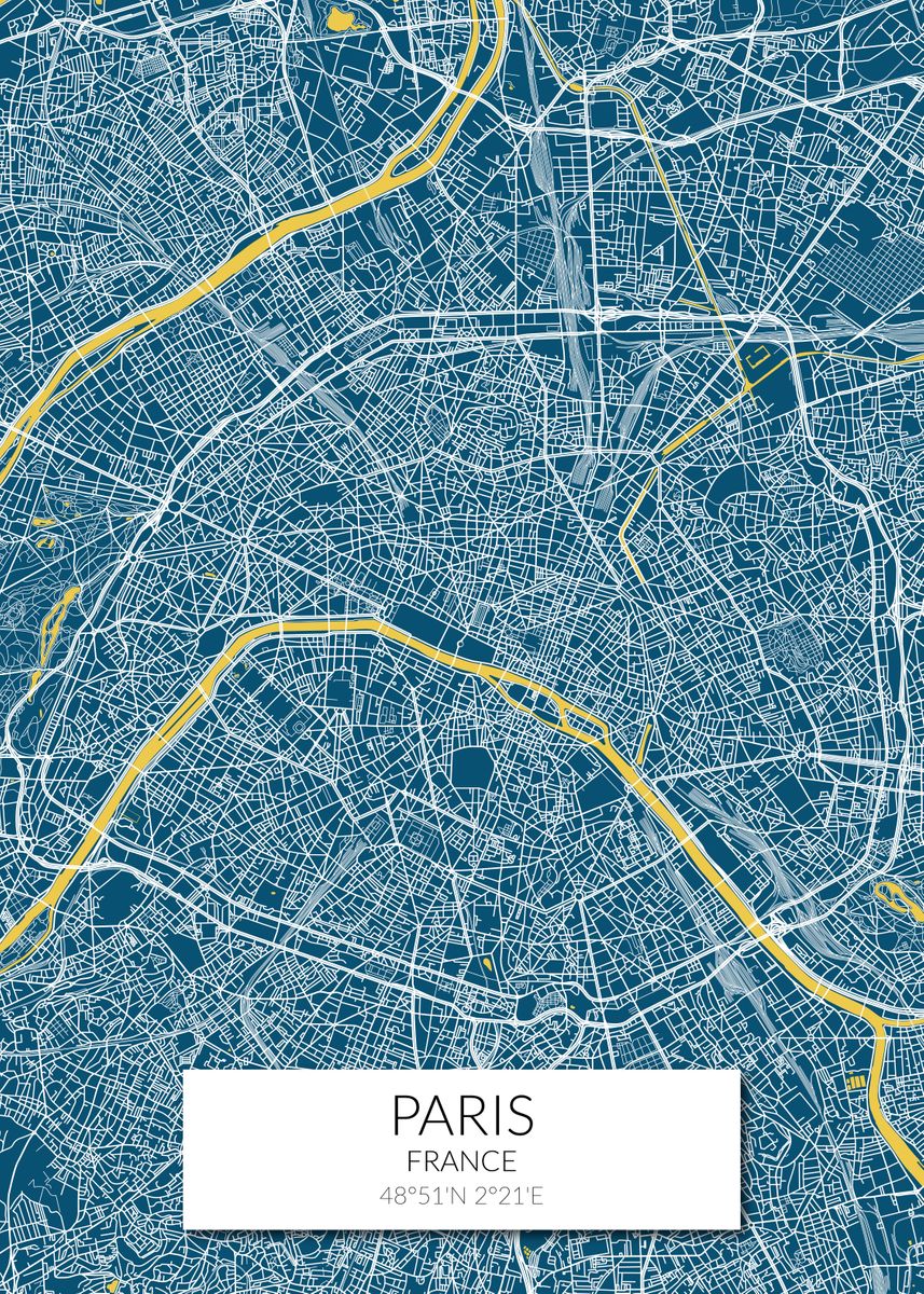 'Paris Map Blue White' Poster, picture, metal print, paint by dkDesign ...
