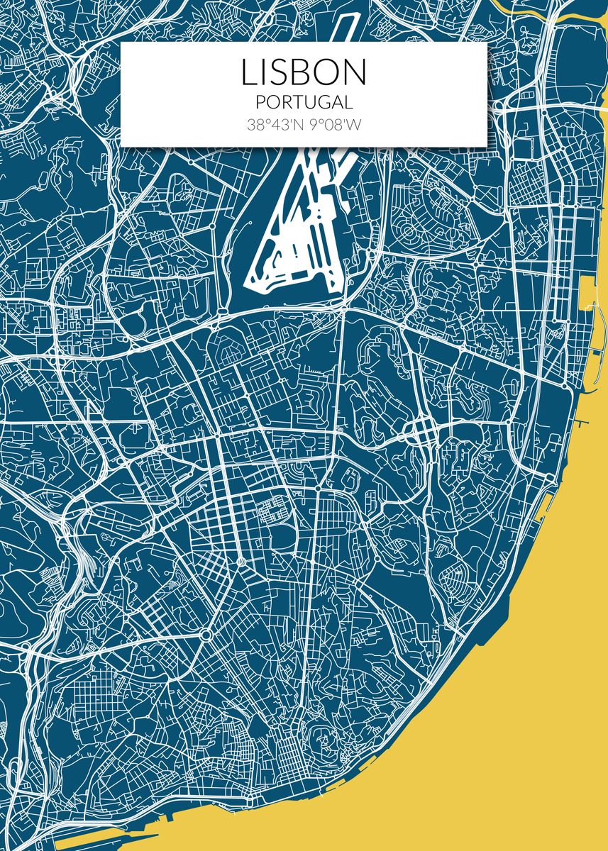 'Lisbon Map Blue Yellow' Poster, picture, metal print, paint by ...