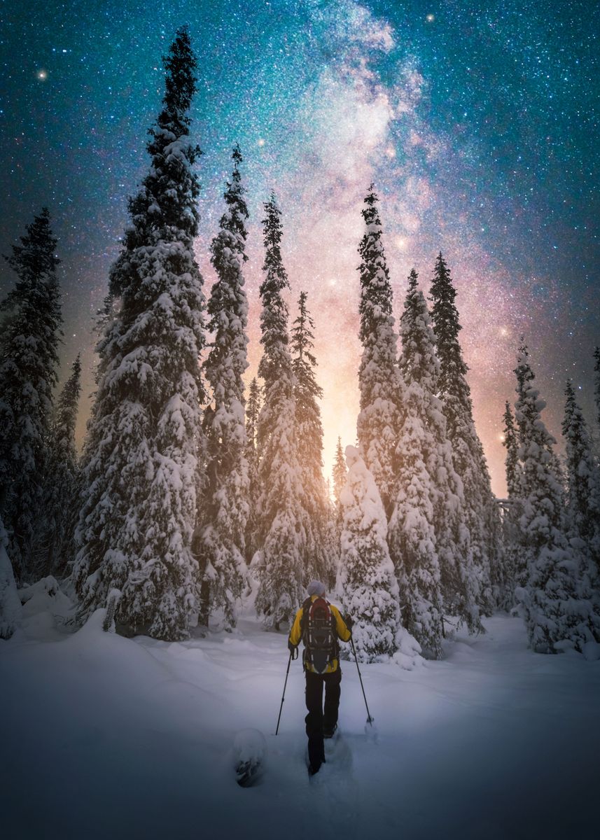 'Snowshoe hike in the night' Poster, picture, metal print, paint by ...