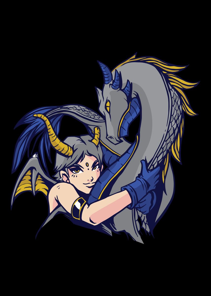 'Dragon Hug Girl Anime Desi' Poster, picture, metal print, paint by ...