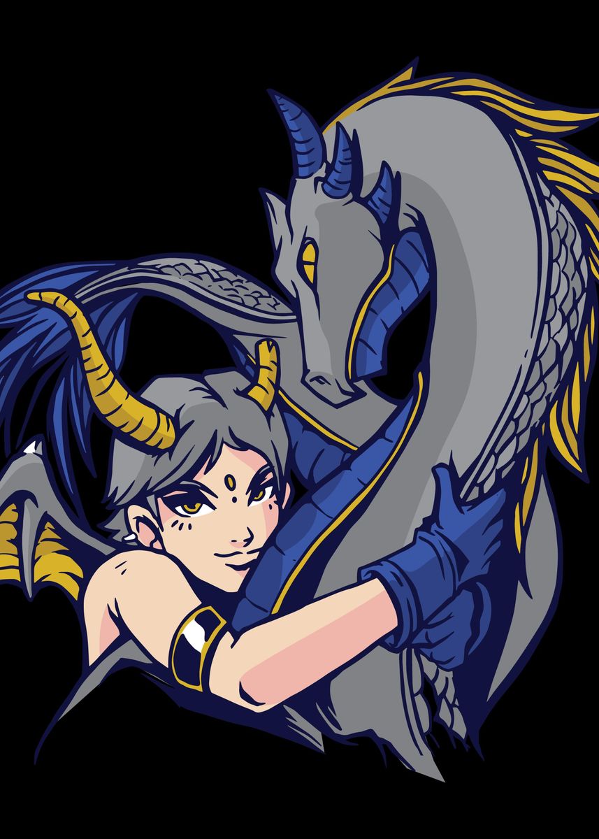 'Dragon Hug Girl Anime Desi' Poster, picture, metal print, paint by ...