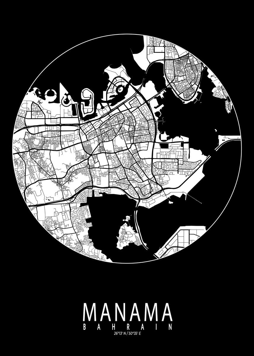 'Manama City Map Full Moon' Poster, picture, metal print, paint by ...