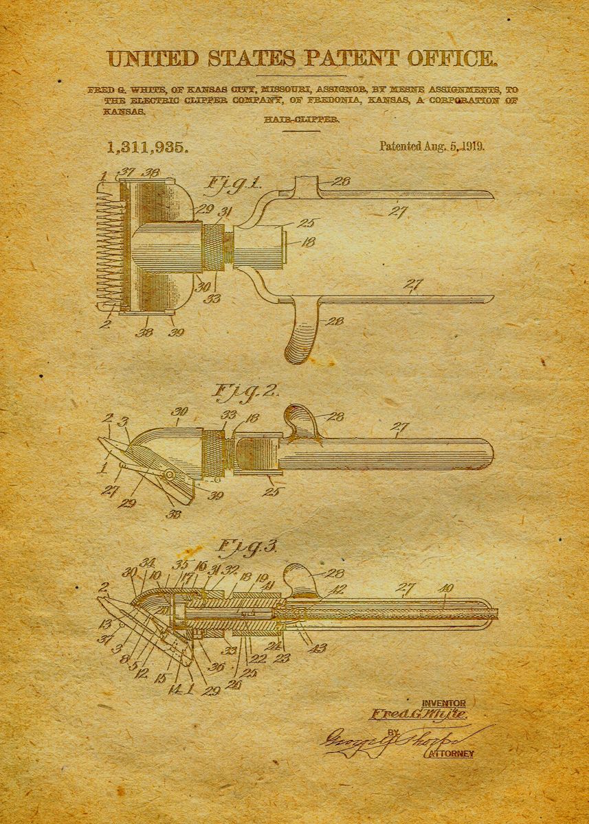 '34 Hair Clipper Patent' Poster, picture, metal print, paint by Danika ...