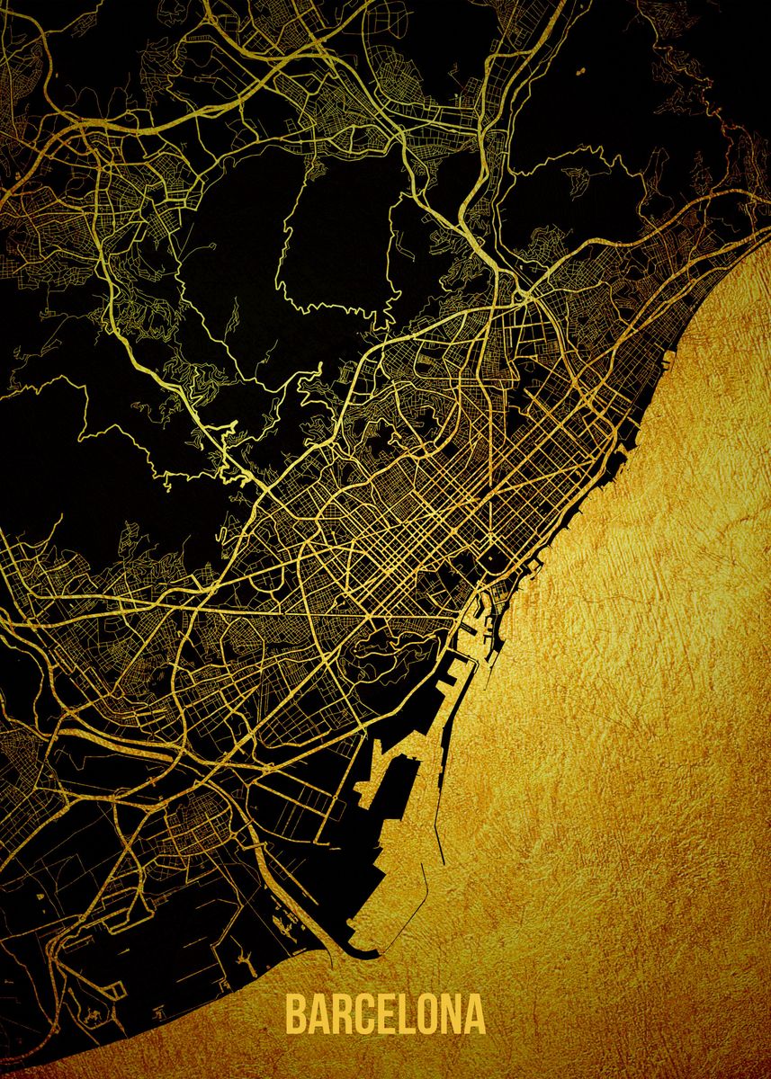 'Barcelona gold map' Poster, picture, metal print, paint by LUNGHISTE ...