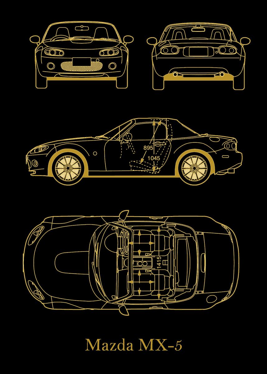 'Mazda MX5 Blueprint gold' Poster, picture, metal print, paint by B & W ...