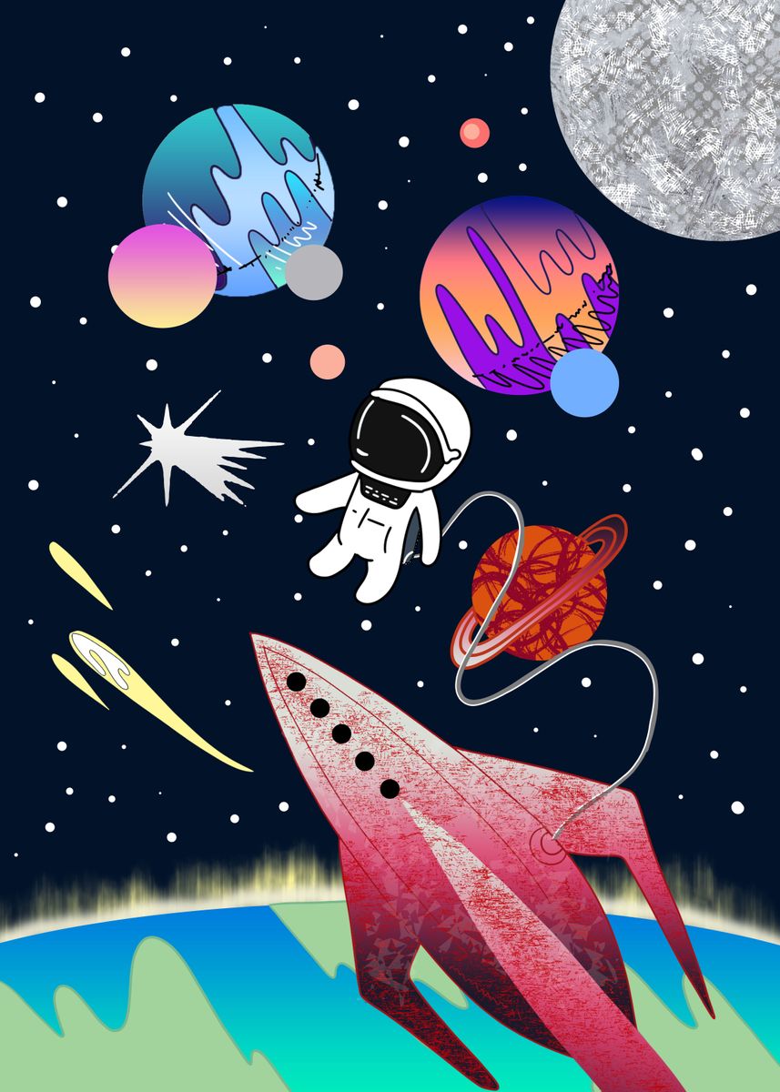 'Spaceman Red rocket' Poster, picture, metal print, paint by Crafty Cat ...