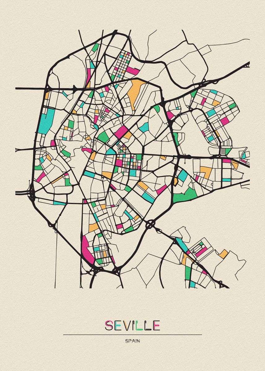 'Seville Map' Poster, picture, metal print, paint by Deniz A. | Displate