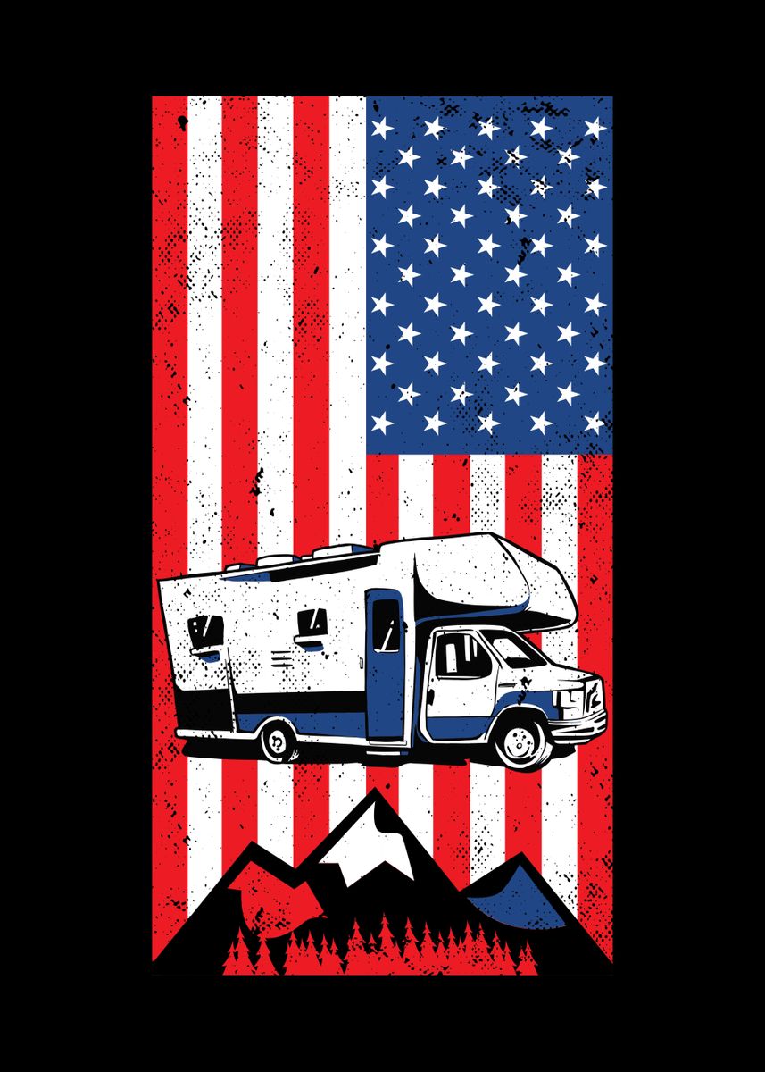 'Motorhome USA Flag RV 4th' Poster, picture, metal print, paint by ...