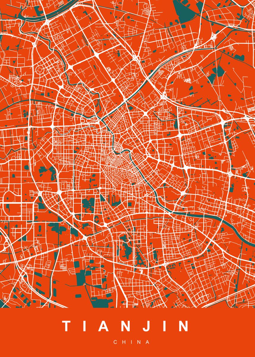'TIANJIN City Map China' Poster, picture, metal print, paint by UrbanMaps | Displate