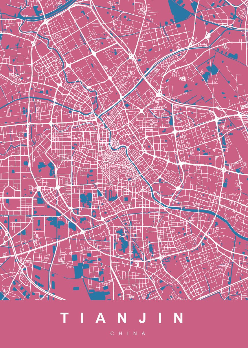 'TIANJIN Map China Pink' Poster, picture, metal print, paint by ...