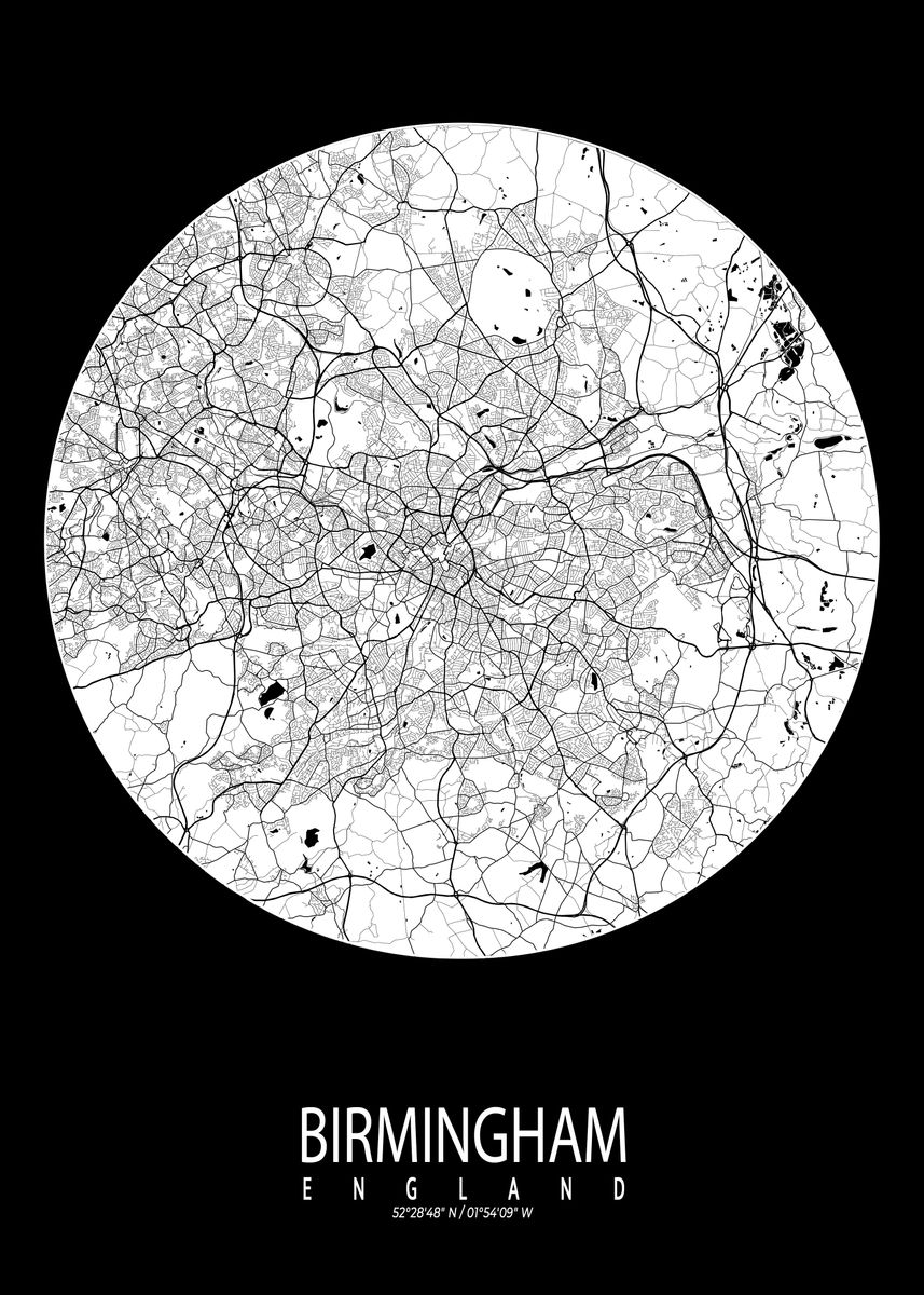'Birmingham City Map Moon' Poster, picture, metal print, paint by deMAP Studio | Displate