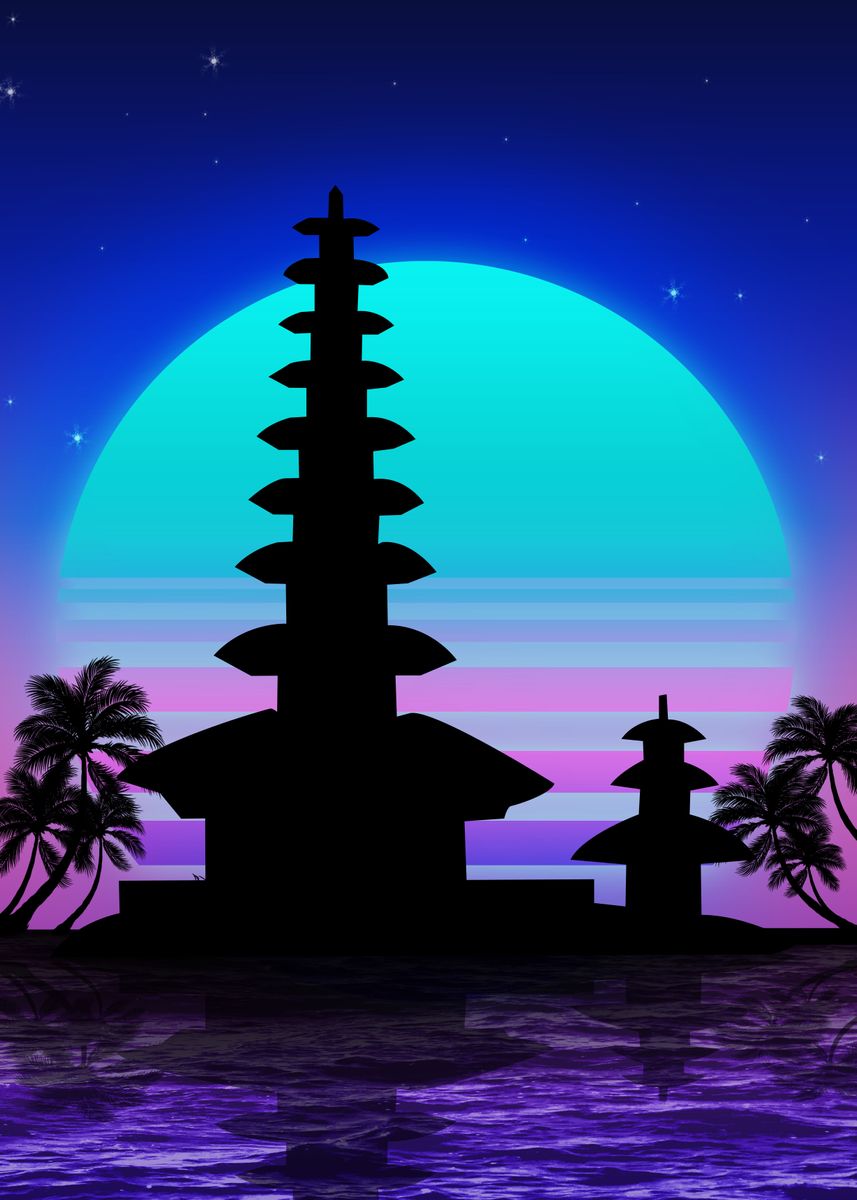 'balinese temple synthwave' Poster, picture, metal print, paint by ...