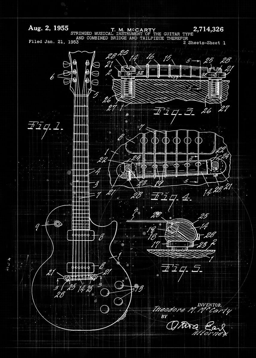 'GUITAR BW BLUEPRINT' Poster, picture, metal print, paint by Studio Six ...