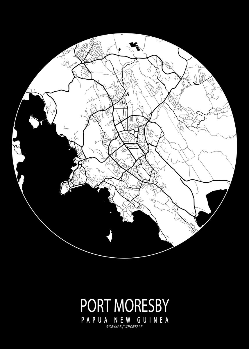 'Port Moresby City Map Moon' Poster, picture, metal print, paint by ...