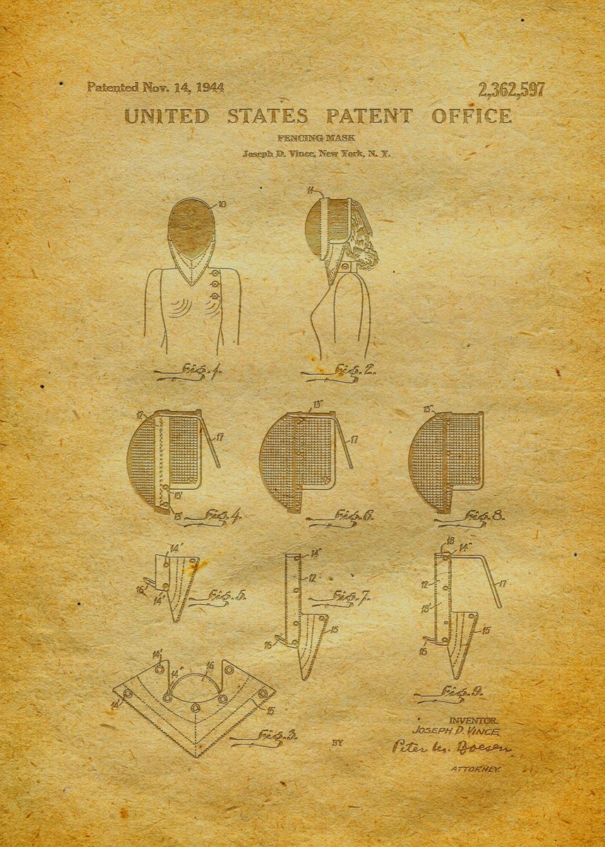 '57 Fencing Mask Patent' Poster, picture, metal print, paint by Gloria ...