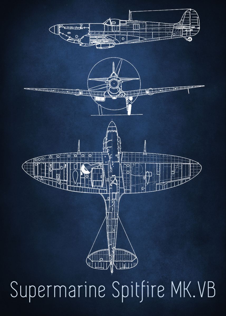 'Spitfire MK VB Blueprint' Poster, picture, metal print, paint by The ...