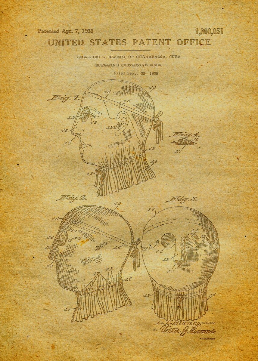 '58 Surgical Mask Patent' Poster, picture, metal print, paint by Danika ...