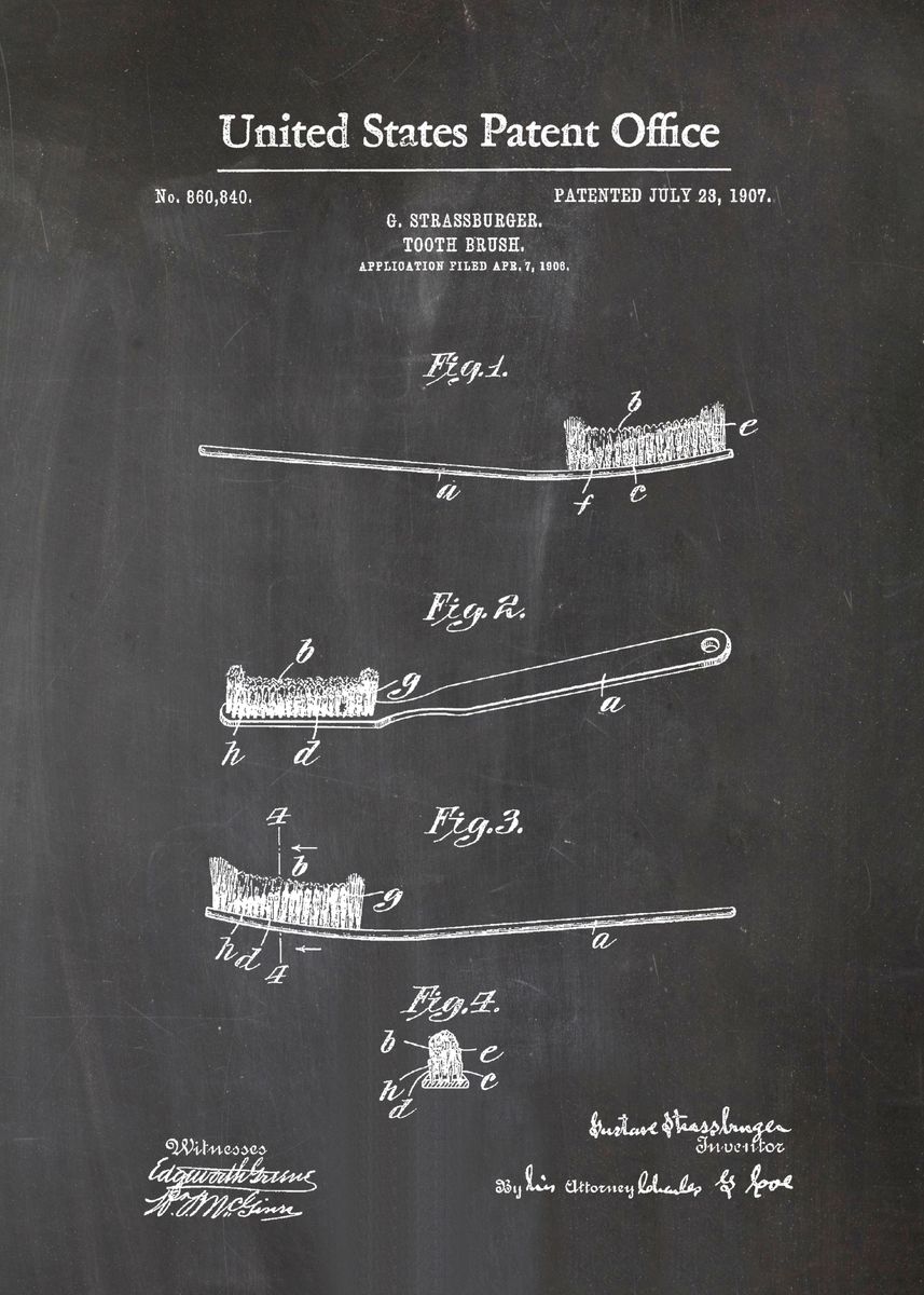 '12 Toothbrush Patent 1907' Poster, picture, metal print, paint by ...