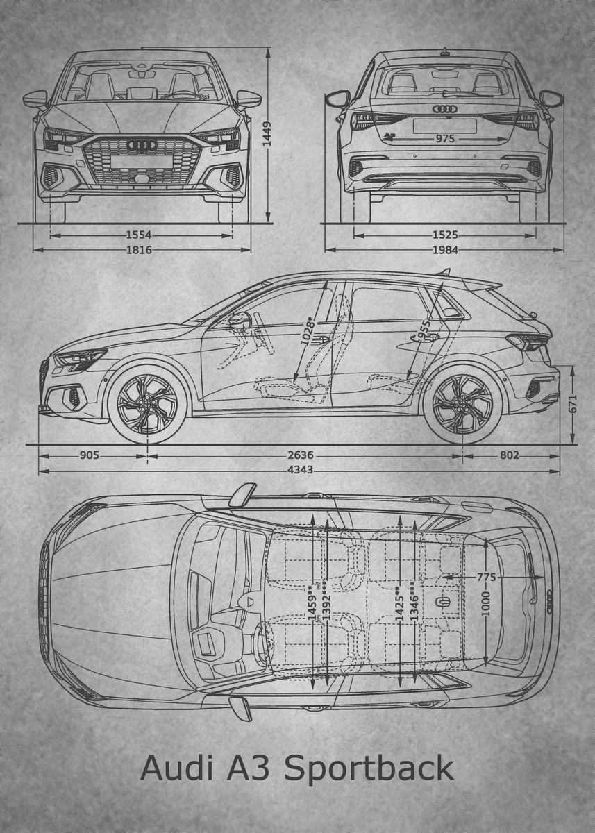 'Audi A3 Blueprint gray old' Poster, picture, metal print, paint by B ...