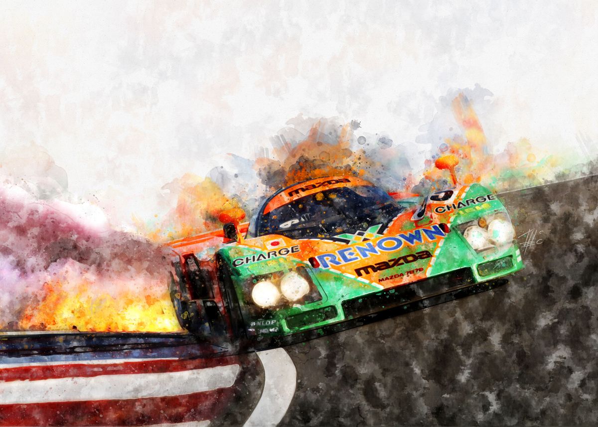 'Mazda 787B on fire' Poster by Theo Decker | Displate