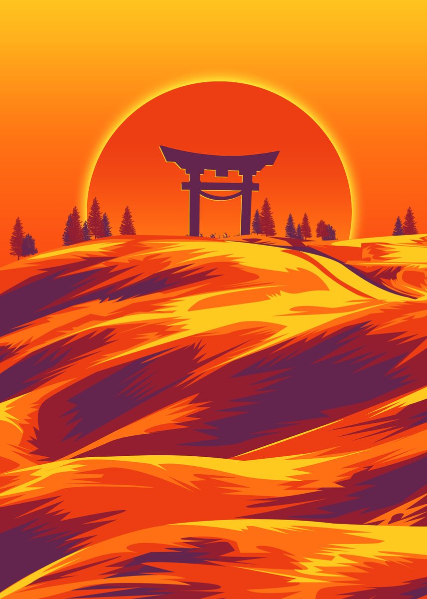 'japanese sunset flat' Poster, picture, metal print, paint by INSPIRE ...