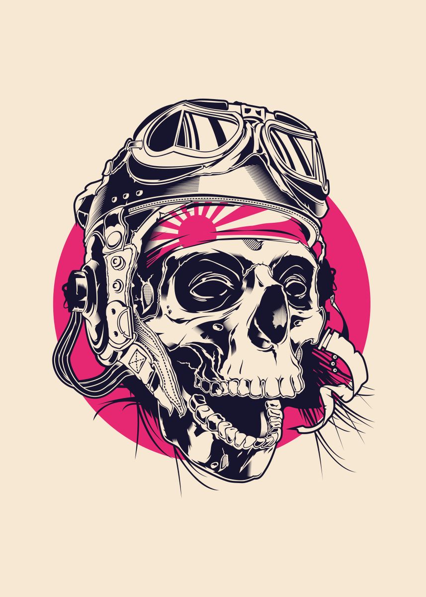 'Skull Pilot' Poster, picture, metal print, paint by MisterGoose | Displate