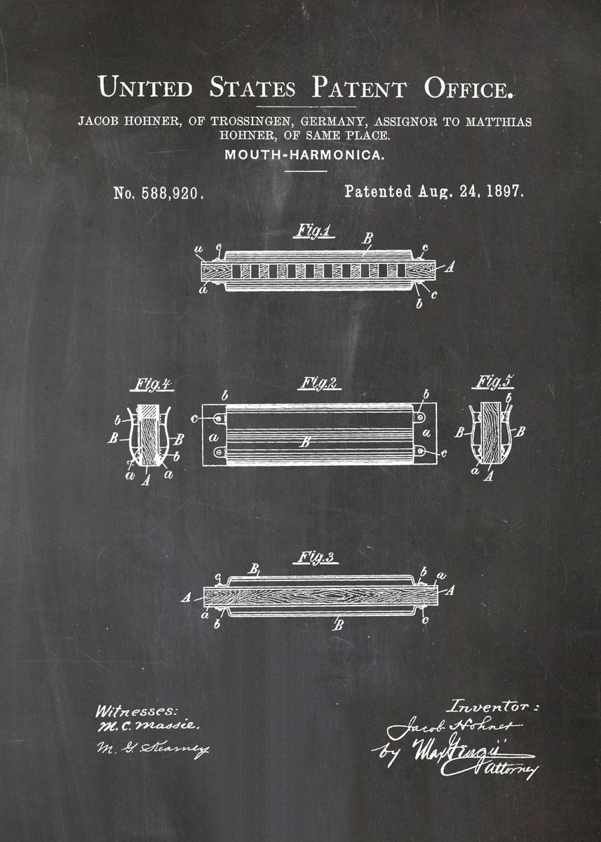 '37 Hohner Harmonica Paten' Poster, picture, metal print, paint by ...