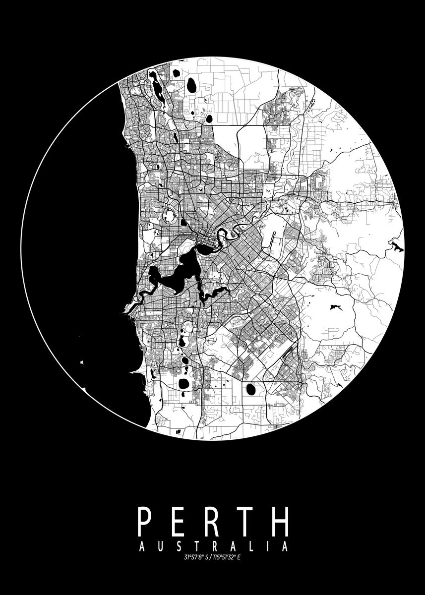 'Perth City Map Full Moon' Poster, picture, metal print, paint by deMAP Studio | Displate