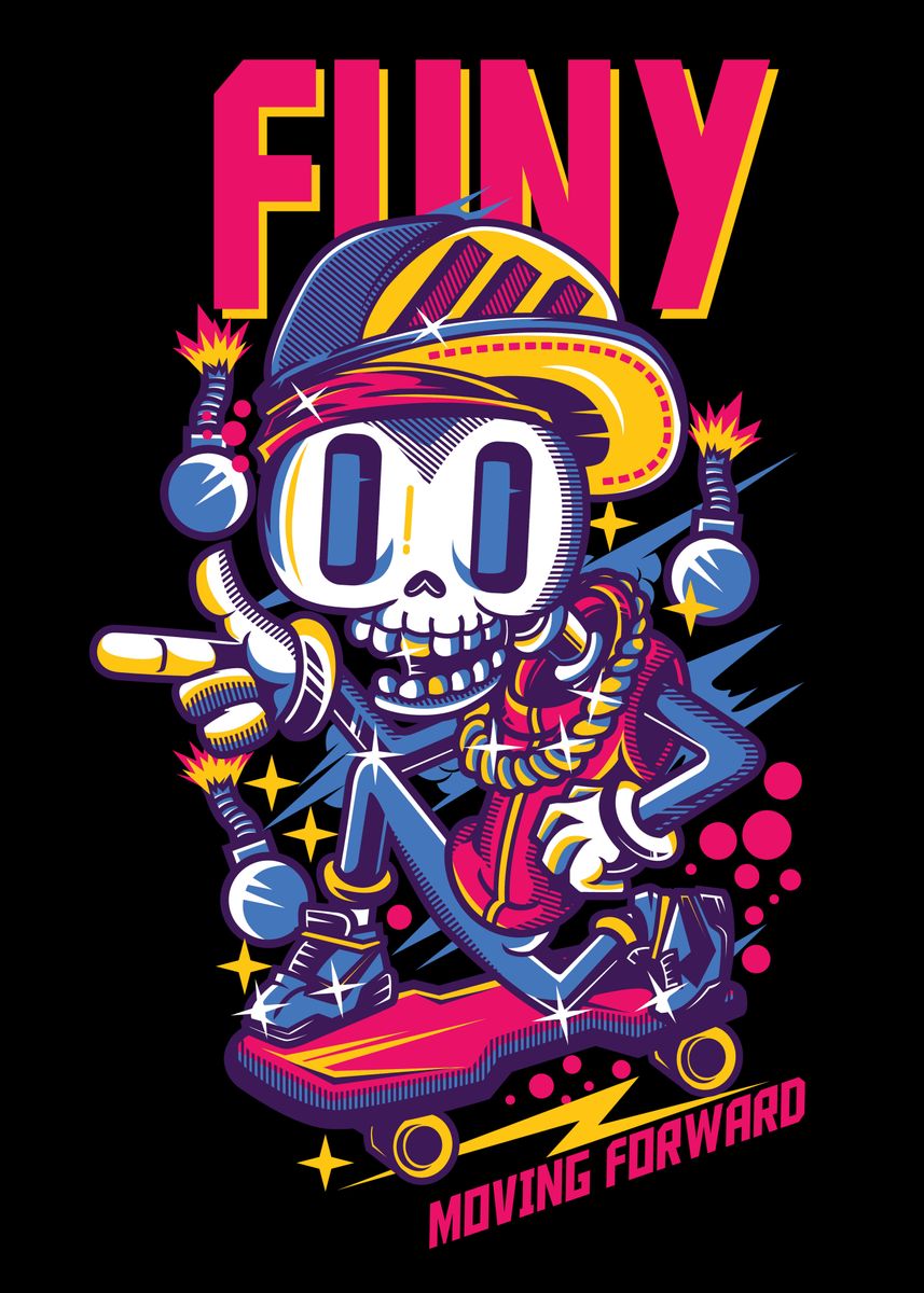 'Funy Funky Skeleton Skater' Poster, picture, metal print, paint by ...