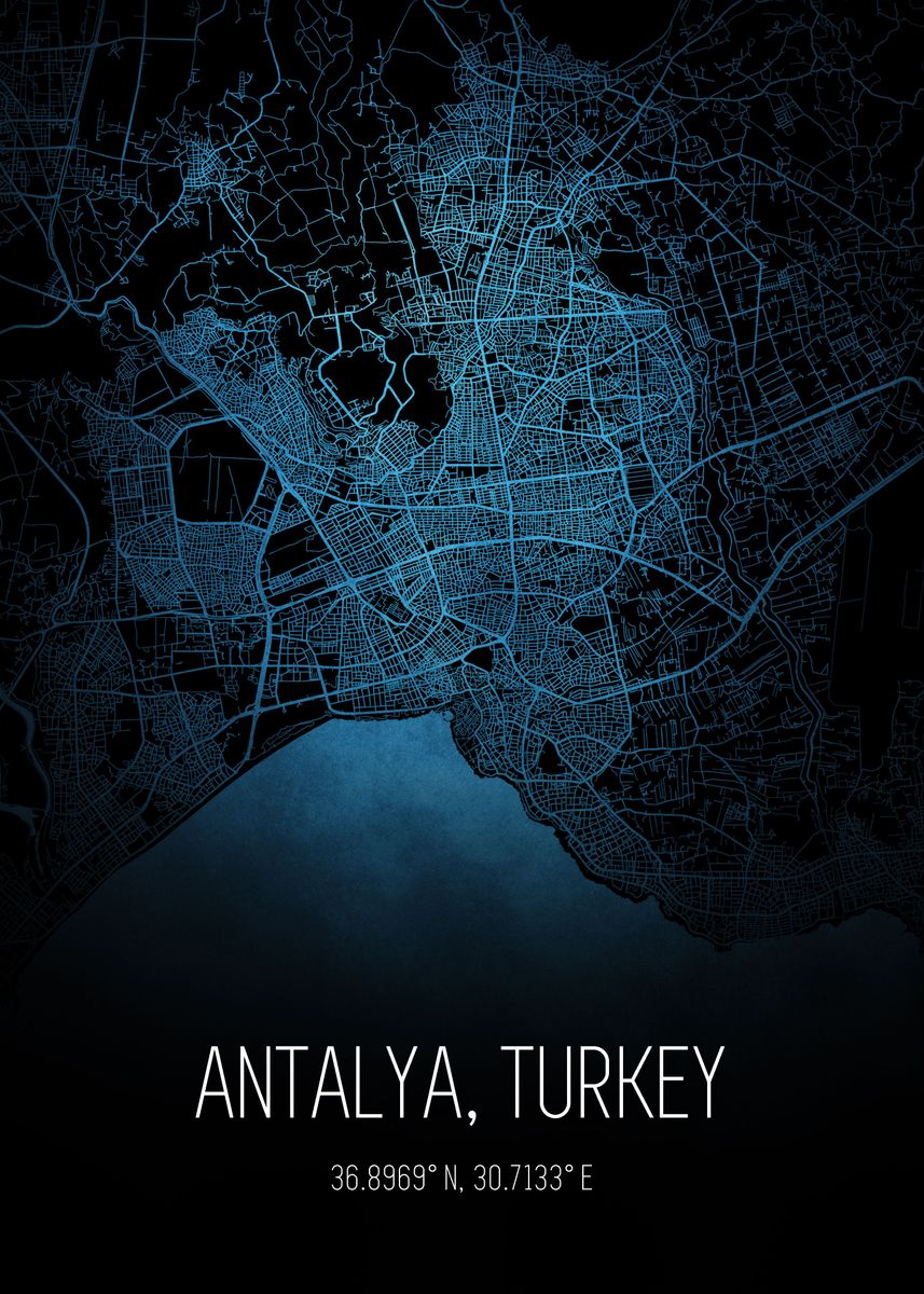 'Antalya Turkey Map' Poster, picture, metal print, paint by The ...