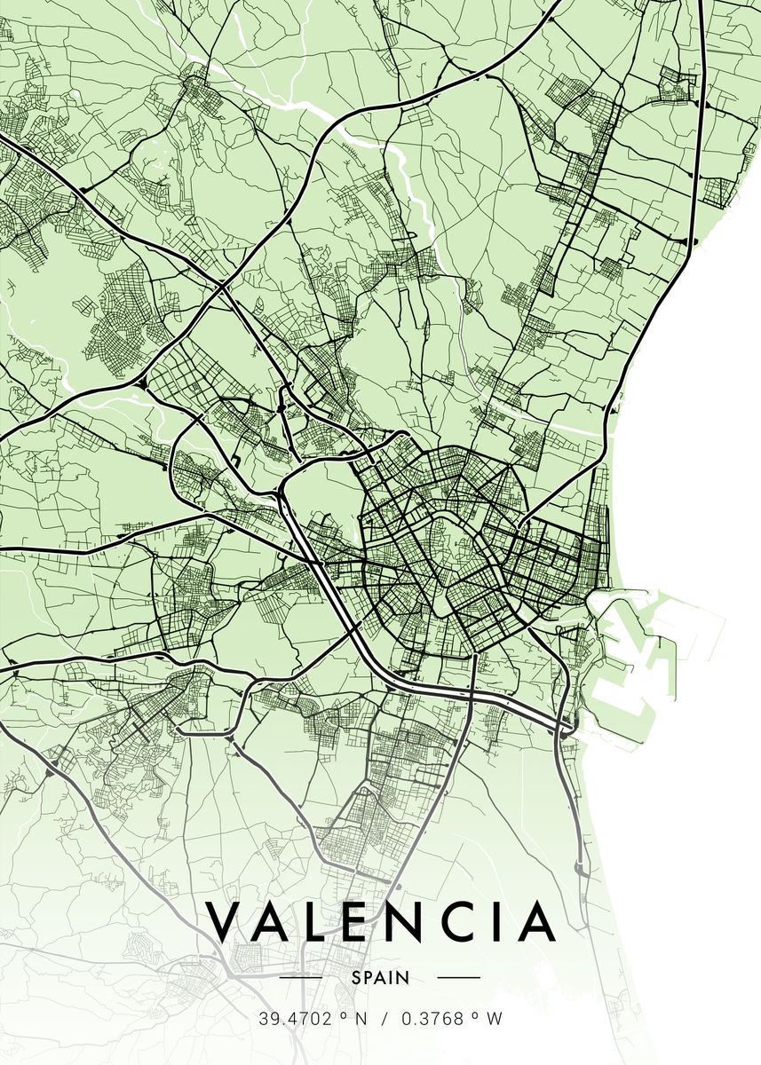 'Valencia City Map Green' Poster, picture, metal print, paint by MVDZ ...