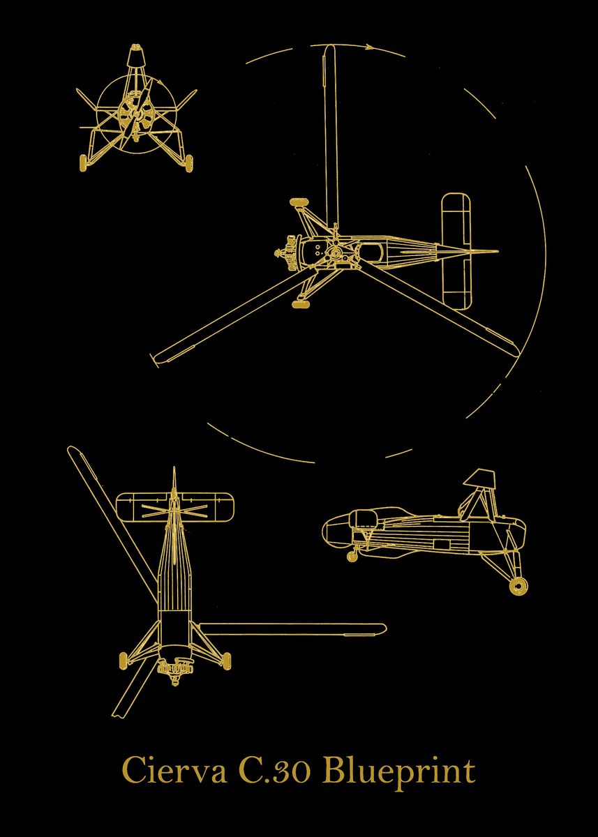 'Cierva C30 Blueprint gold' Poster, picture, metal print, paint by B ...