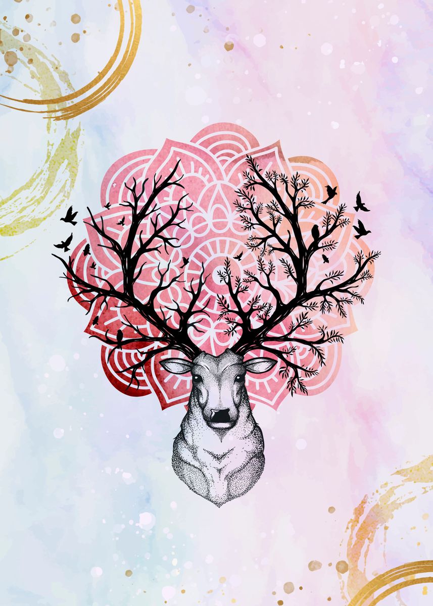 'Deer Mandala' Poster, picture, metal print, paint by AndrejZT | Displate