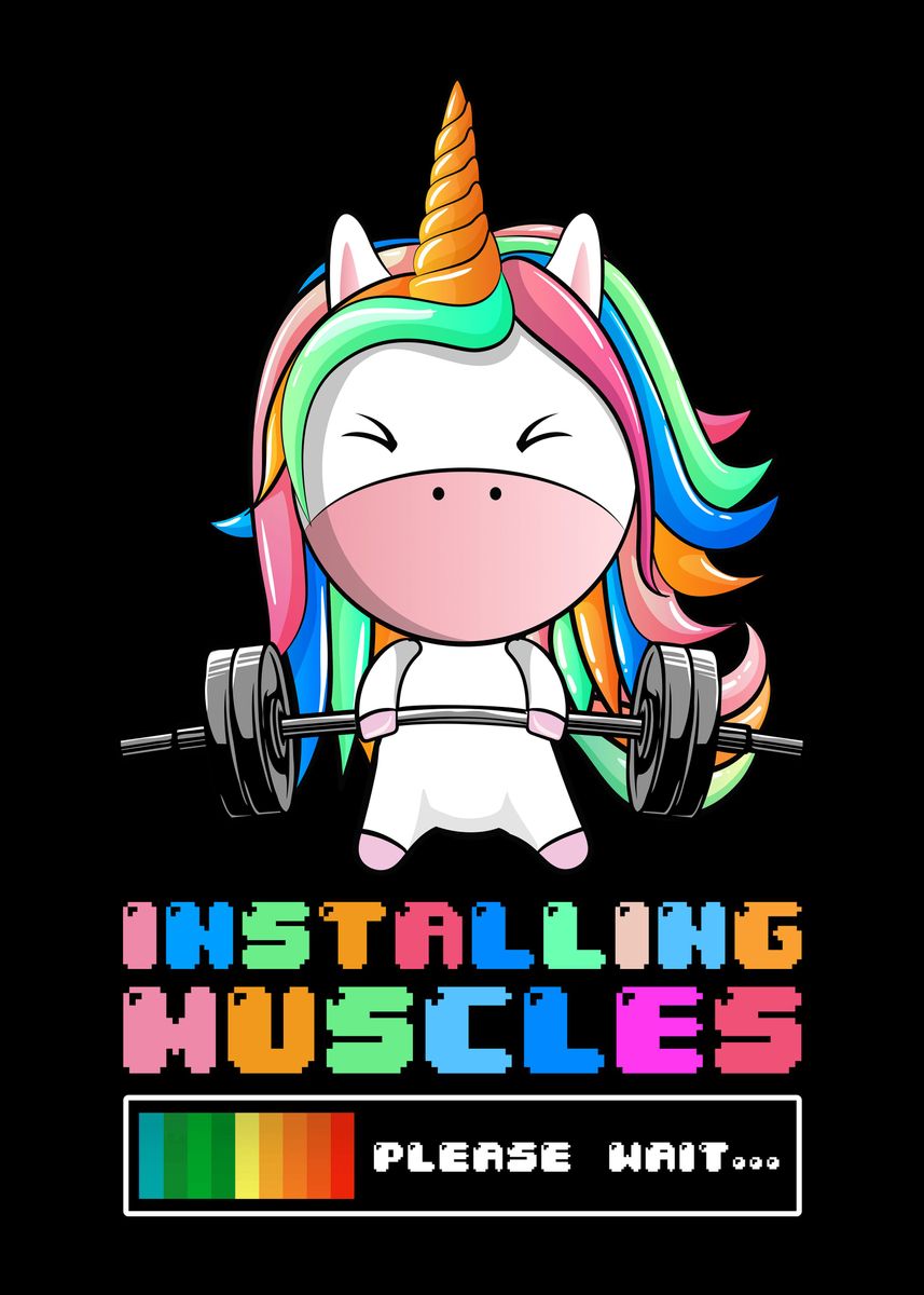 'Unicorn Installing Muscles' Poster, picture, metal print, paint by ...