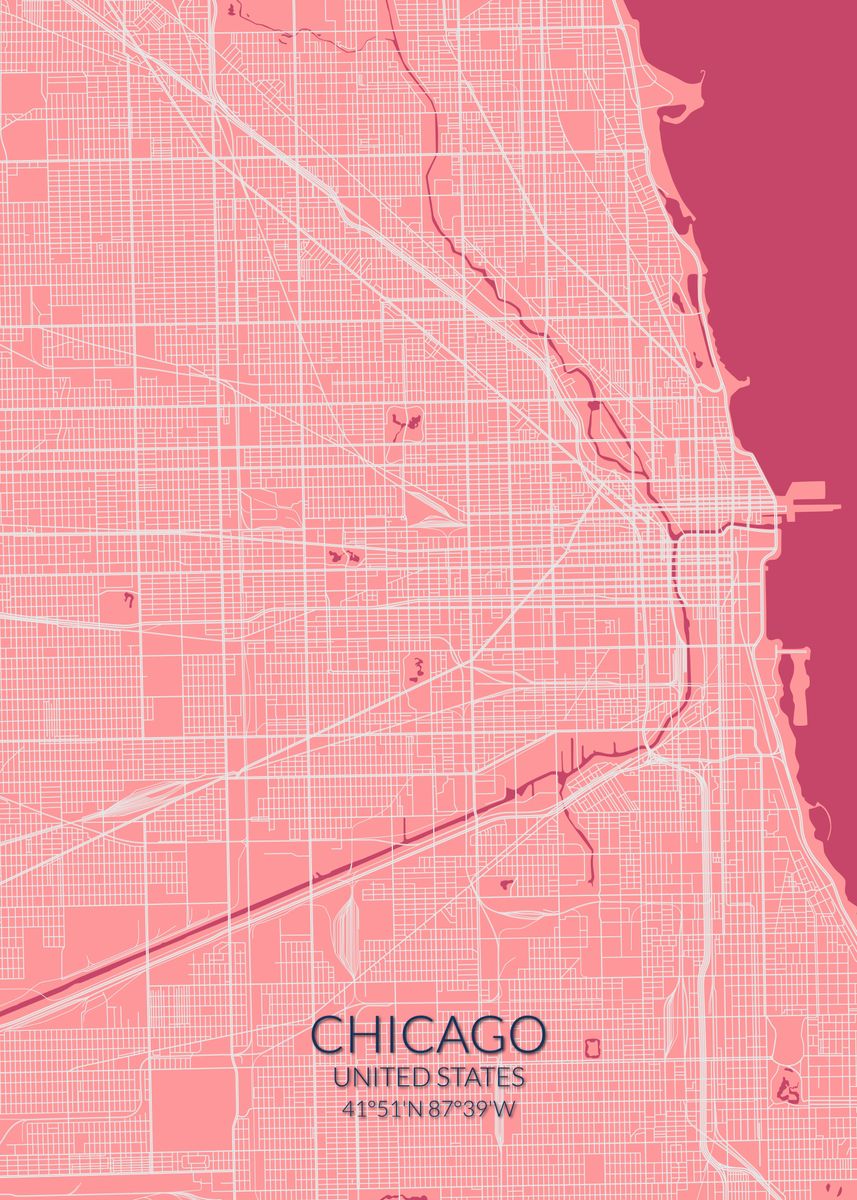 'Chicago Pink Rose Map' Poster, picture, metal print, paint by dkDesign ...
